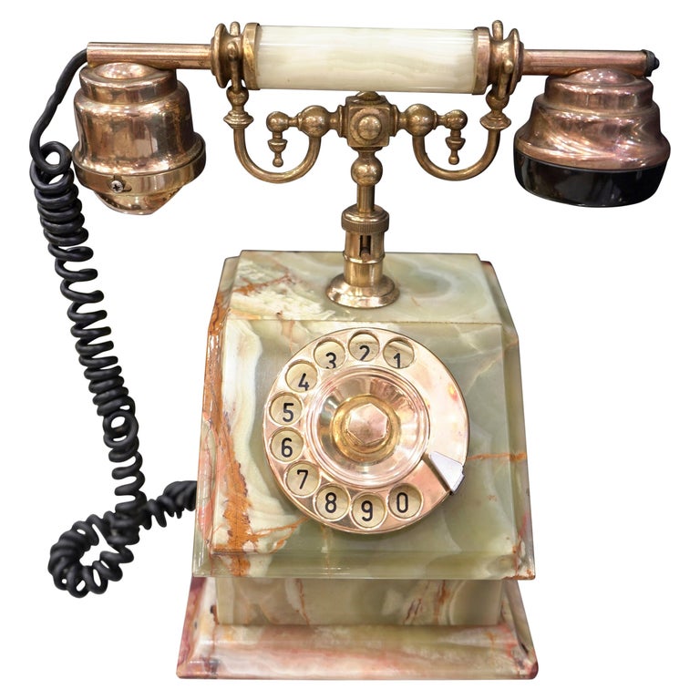 Midcentury Italian Green Onix and Gilded Bronze Phone at 1stDibs