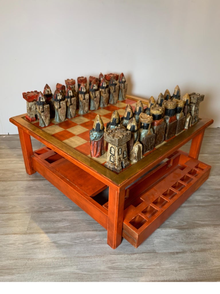 Midcentury Italian Hand Carved and Painted Medieval Style Chess Set and ...