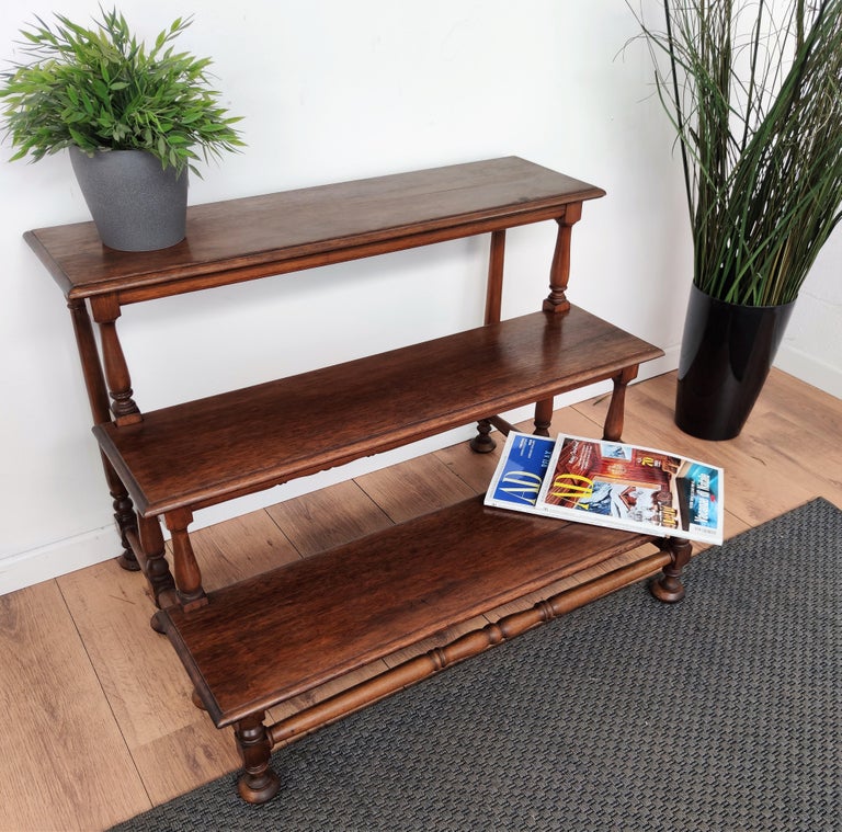 Midcentury Italian Walnut Large Wood 3-Step Library Ladder For Sale at ...