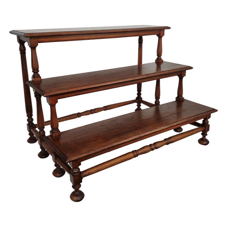 Midcentury Italian Walnut Large Wood 3-Step Library Ladder For Sale at ...