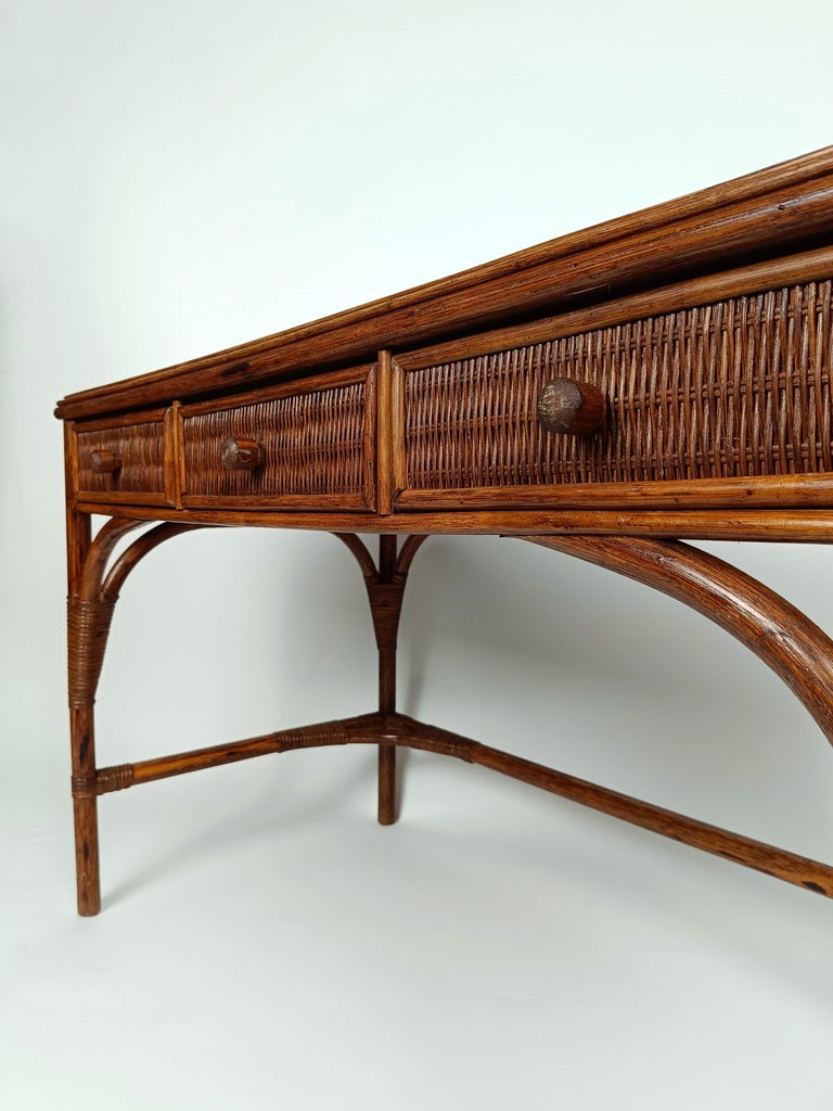 Midcentury Italian Writing Desk with Drawers and Chair, in Bamboo Cane ...