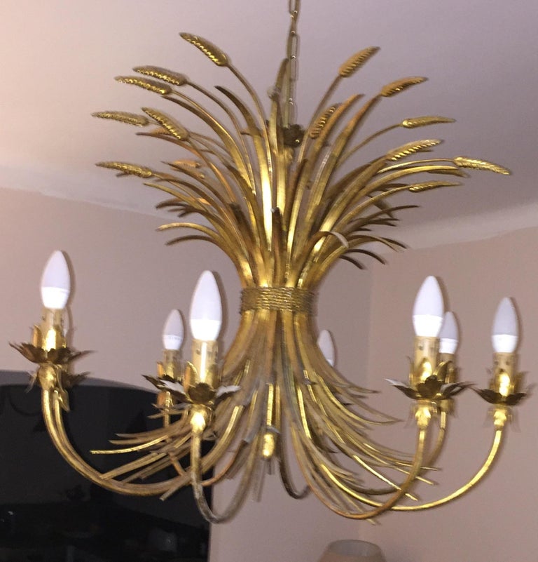 Midcentury Jansen Style French Golden Sheet Chandelier Eight Lights For ...