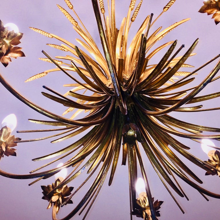 Midcentury Jansen Style French Golden Sheet Chandelier Eight Lights For ...