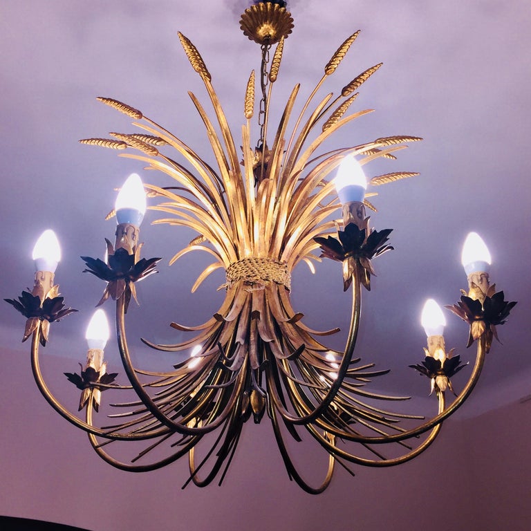 Midcentury Jansen Style French Golden Sheet Chandelier Eight Lights For ...