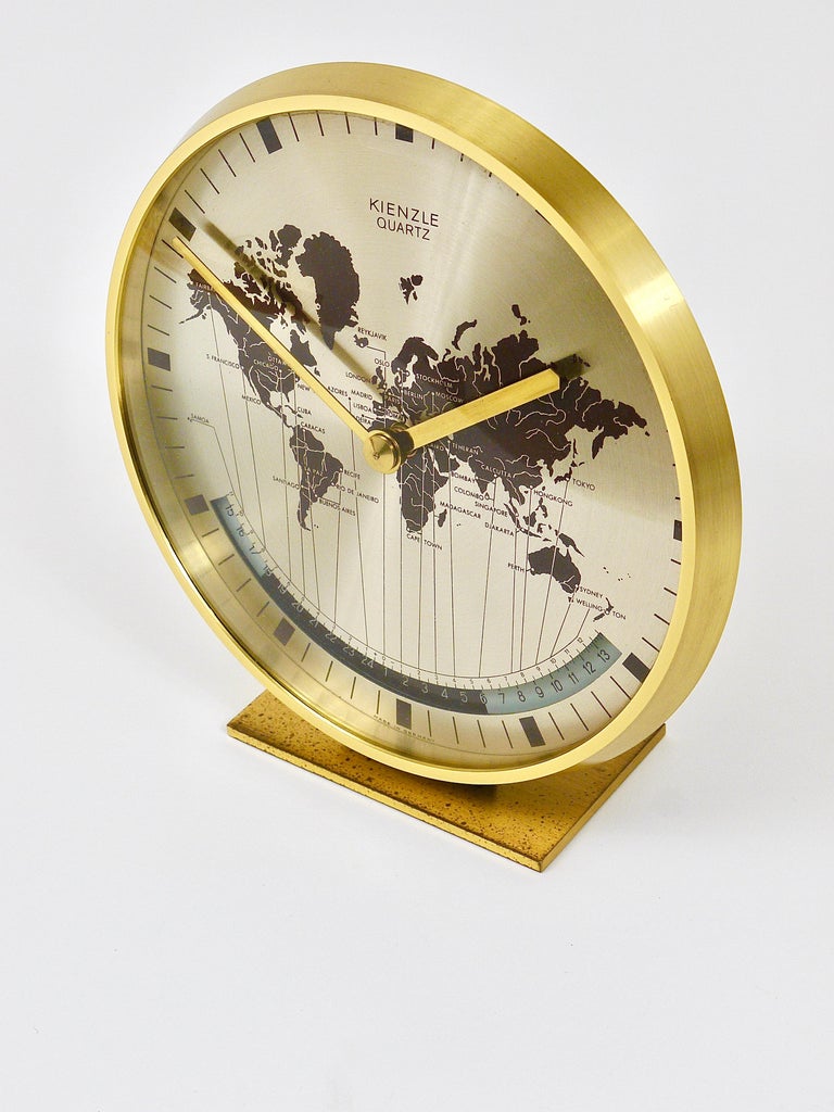 Midcentury Kienzle GMT World Time Zone Brass Table Clock, Germany, 1960s at 1stDibs