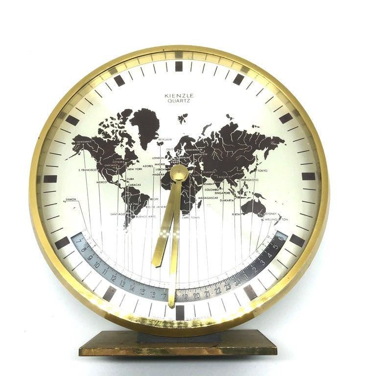 Midcentury Kienzle GMT World Time Zone Brass Table Clock, Germany ...
