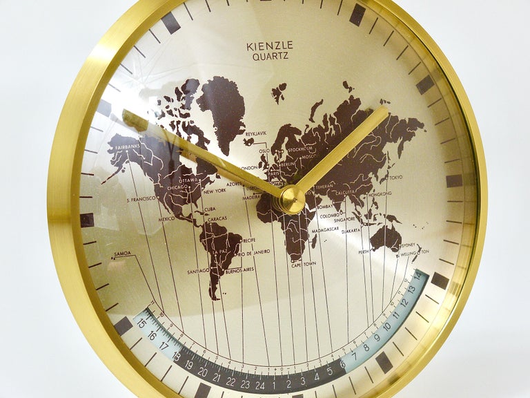 Midcentury Kienzle GMT World Time Zone Brass Table Clock, Germany, 1960s at 1stDibs