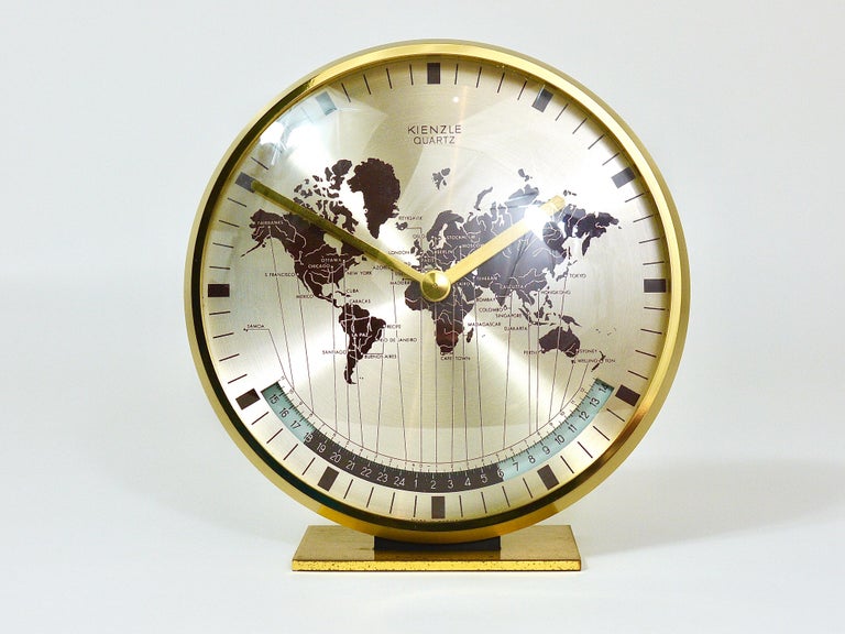 Midcentury Kienzle GMT World Time Zone Brass Table Clock, Germany, 1960s at 1stDibs