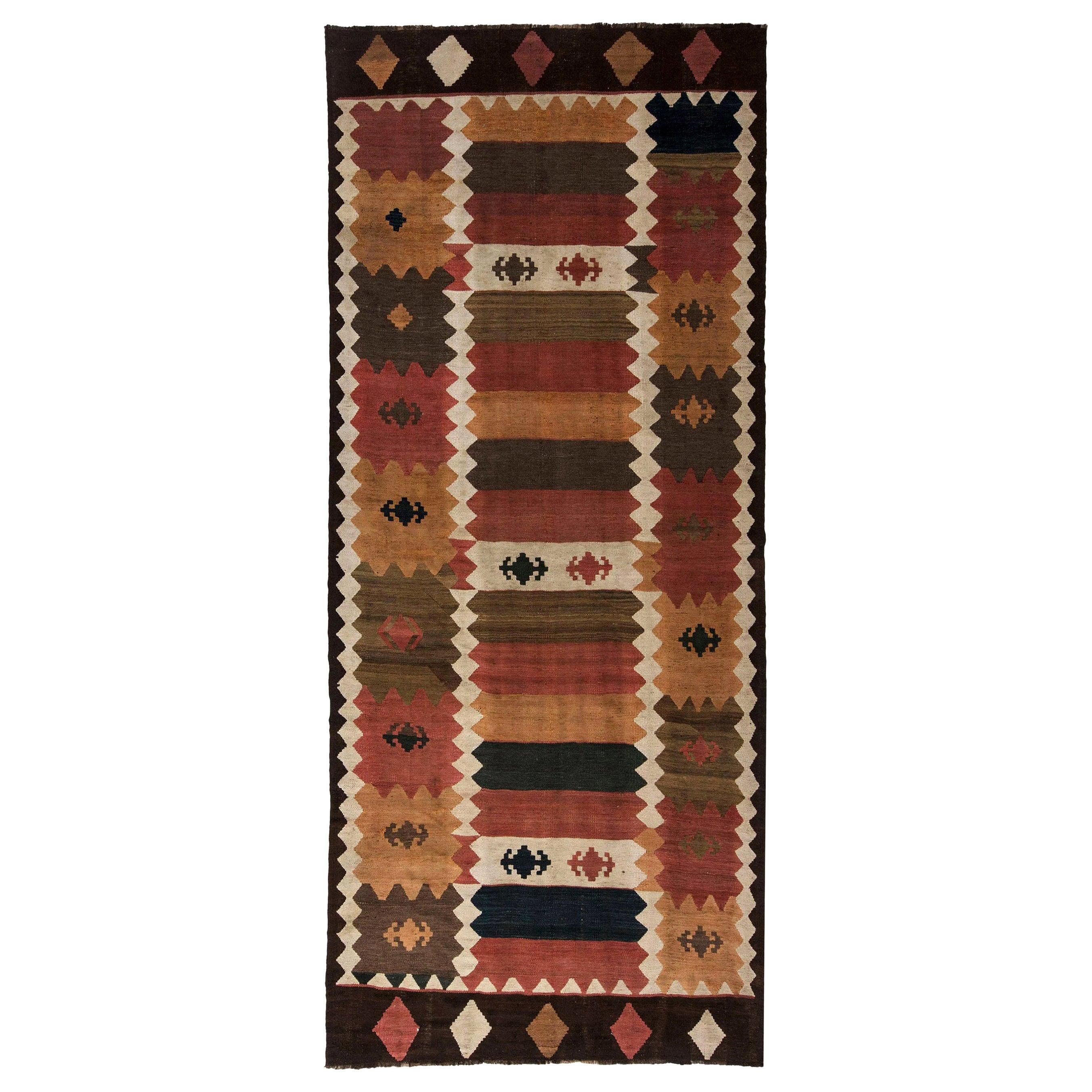 Modern Oversize Kilim Handmade Earthy Tones Striped Pattern Wool Rug ...