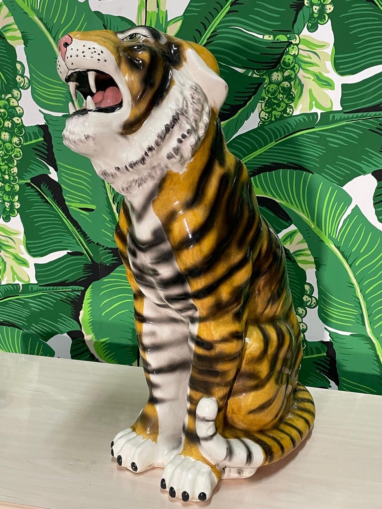 Midcentury Large Ceramic Glazed Tiger Statue For Sale at 1stDibs