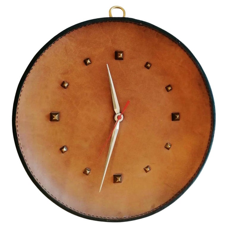 Midcentury Leather Wall Clock For Sale at 1stDibs