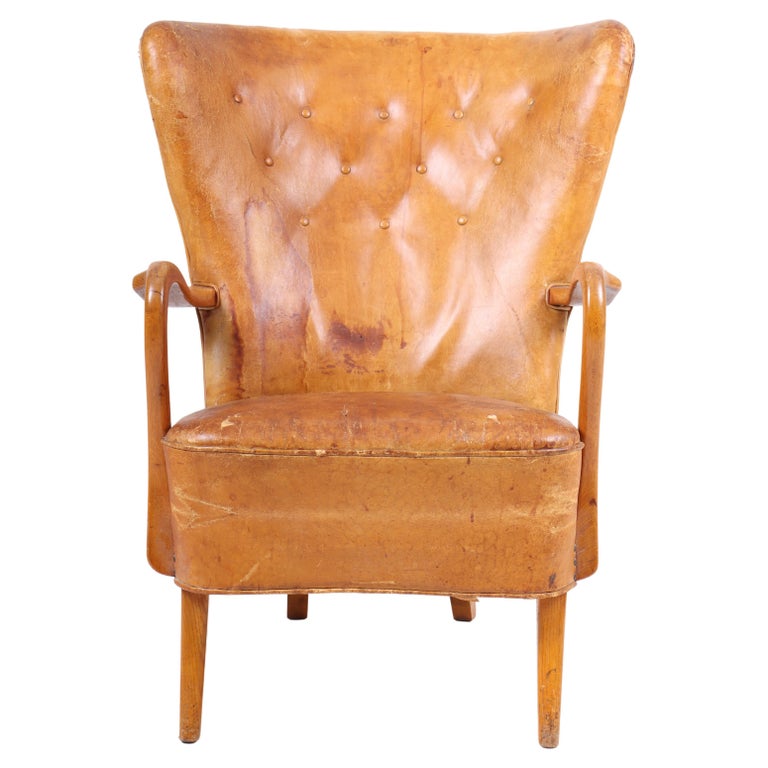 Midcentury Lounge Chair in Patinated Leather Designed by Alfred ...