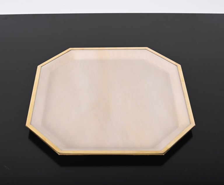 Midcentury Marble Effect Lucite and Brass Octagonal Serving Tray, Italy ...