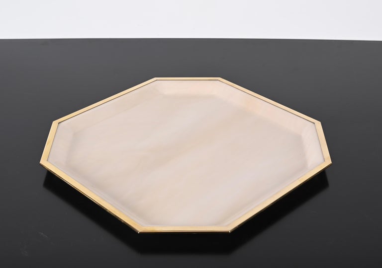 Midcentury Marble Effect Lucite and Brass Octagonal Serving Tray, Italy ...