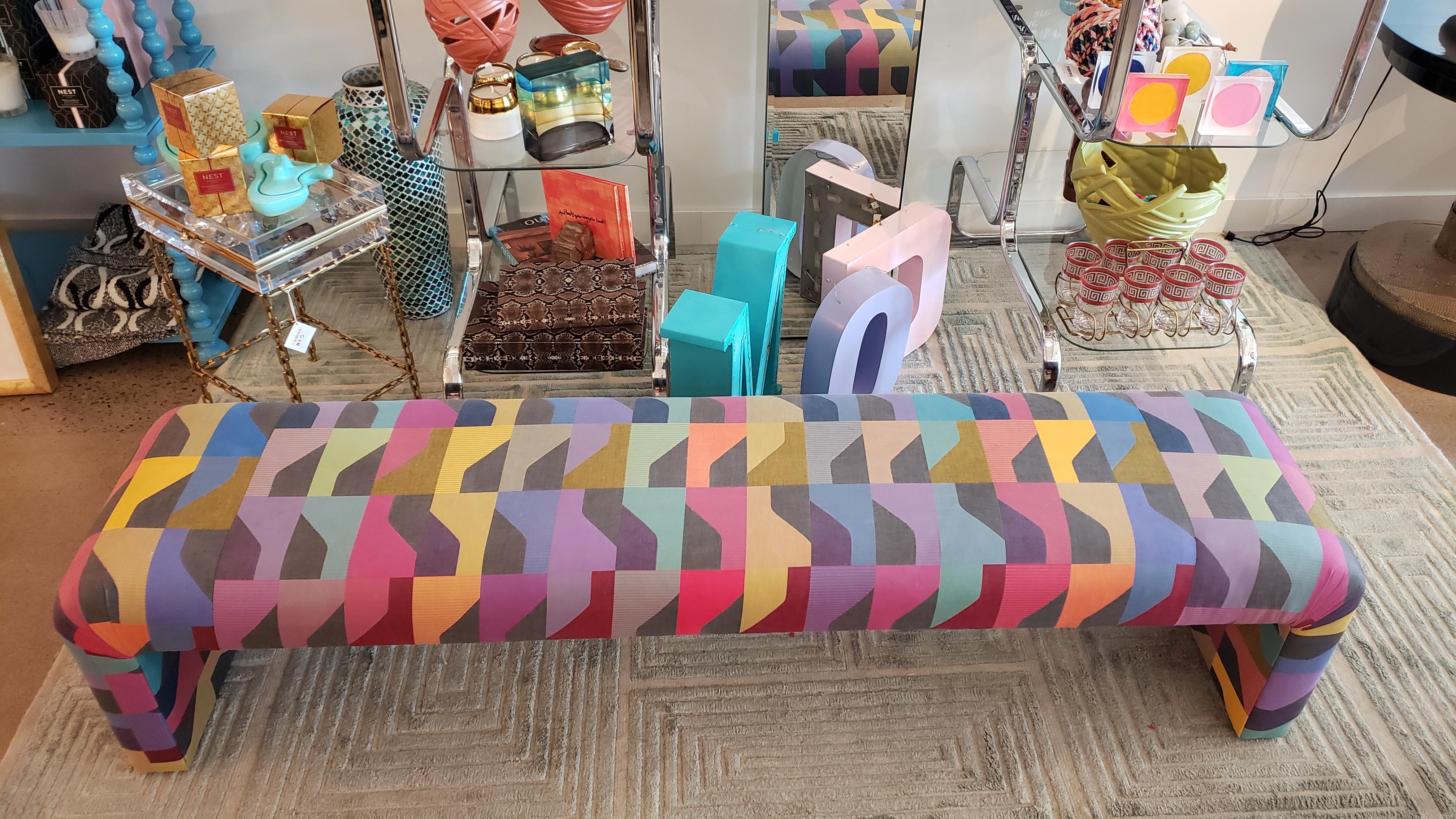 Midcentury "Memphis" Style Colorful Fabric Bench For Sale at 1stDibs