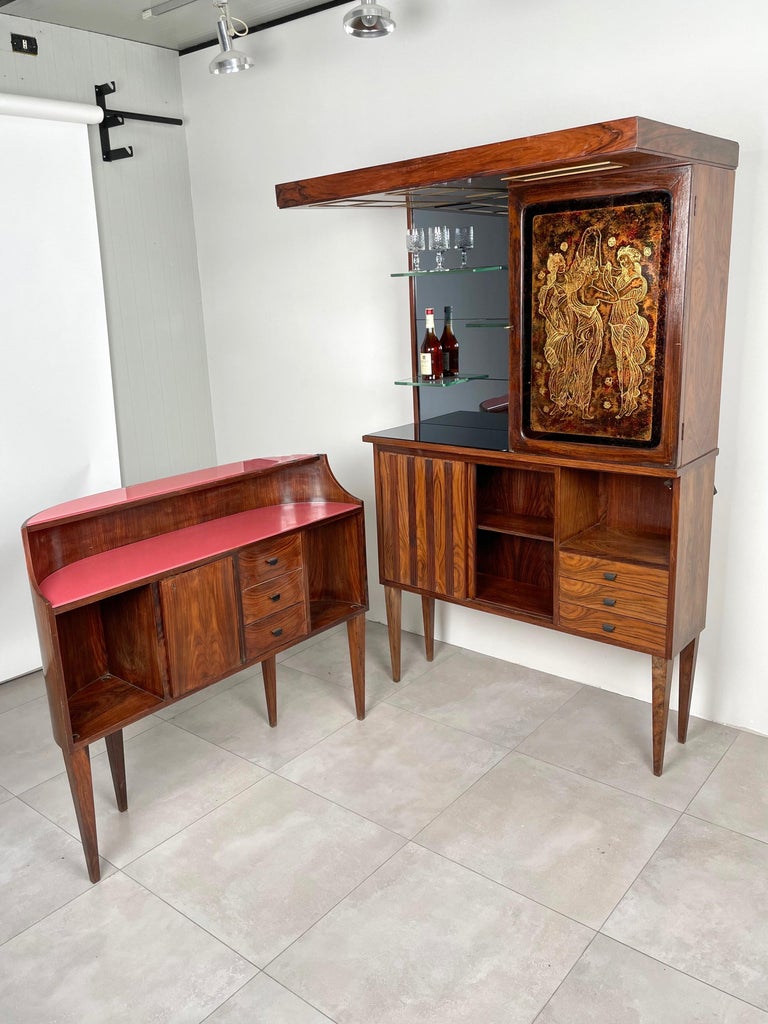 Mid-Century Modern Bar Cabinet in Wood, Mirror and Glass, Italy, 1960s ...