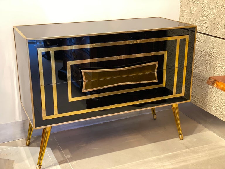 Midcentury Modern Brass and Black Colored Murano Glass Commode For Sale ...