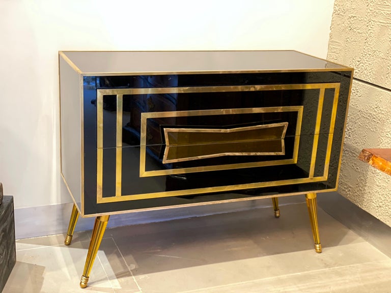 Midcentury Modern Brass and Black Colored Murano Glass Commode For Sale ...