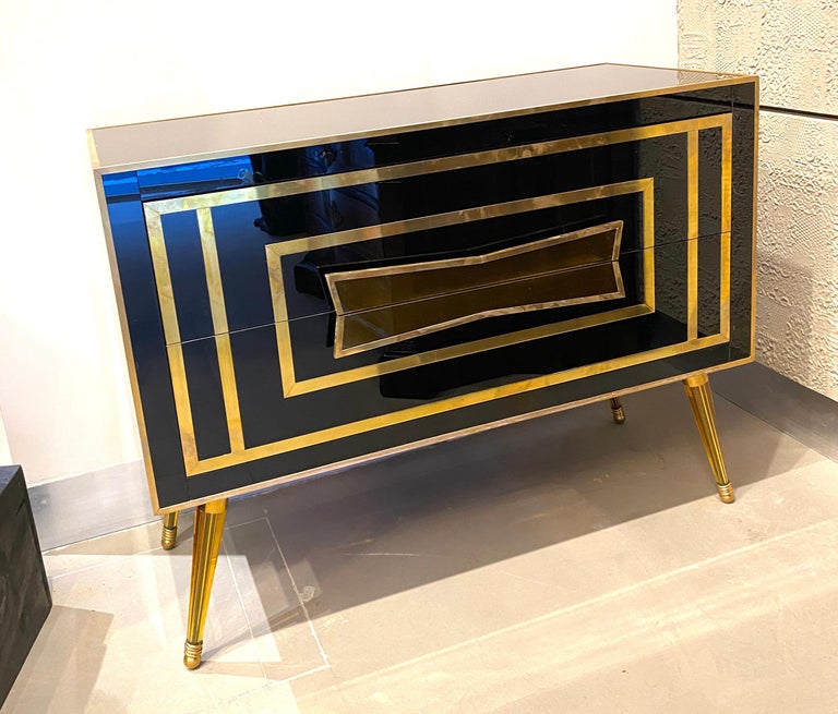 Midcentury Modern Brass and Black Colored Murano Glass Commode For Sale ...