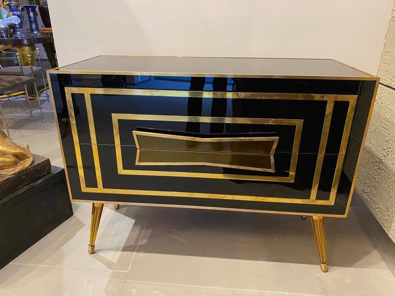 Midcentury Modern Brass and Black Colored Murano Glass Commode For Sale ...