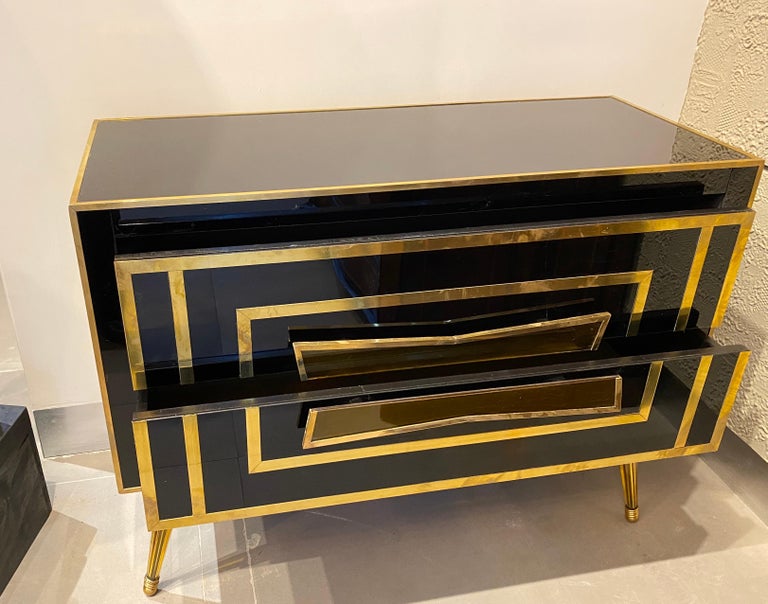 Midcentury Modern Brass and Black Colored Murano Glass Commode For Sale ...