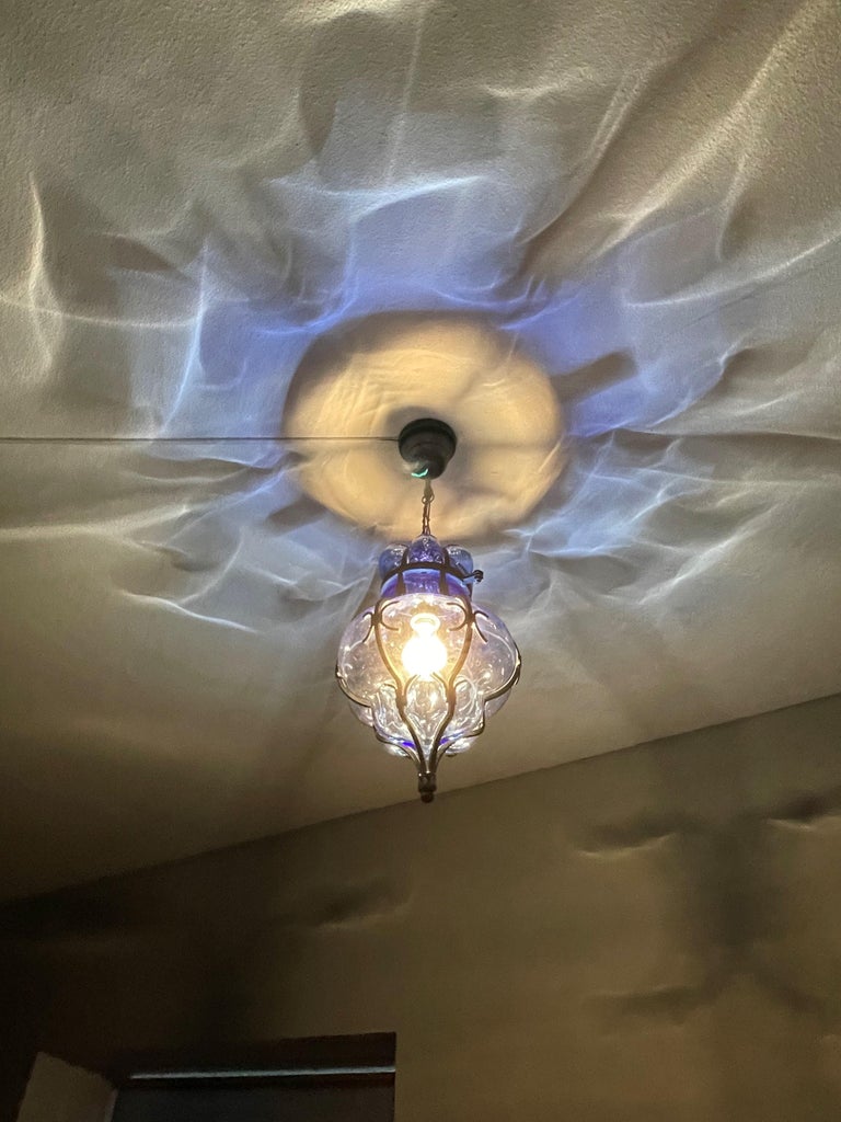 Mid-Century Modern Mouth Blown Venetian Blue Glass Pendant in Wrought ...