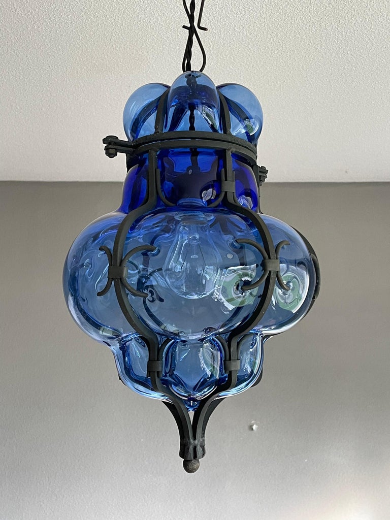 Mid-Century Modern Mouth Blown Venetian Blue Glass Pendant in Wrought ...