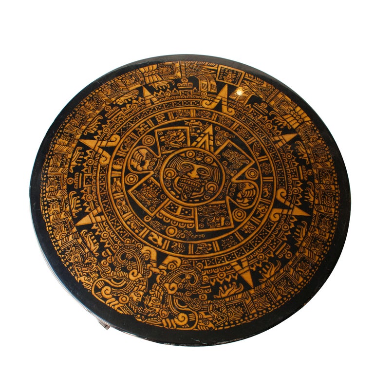 Mid-Century Modern Round Black Gold Aztec Motifs Center Table, Italy ...