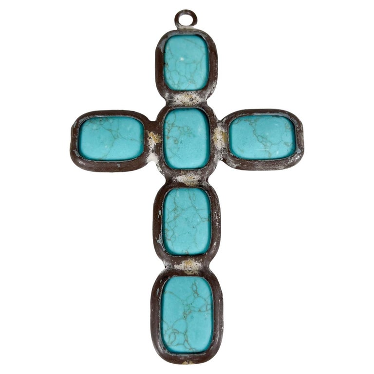 Modernist Vintage Beaded Turquoise Blue Cross Pendant Ornament For Sale ...