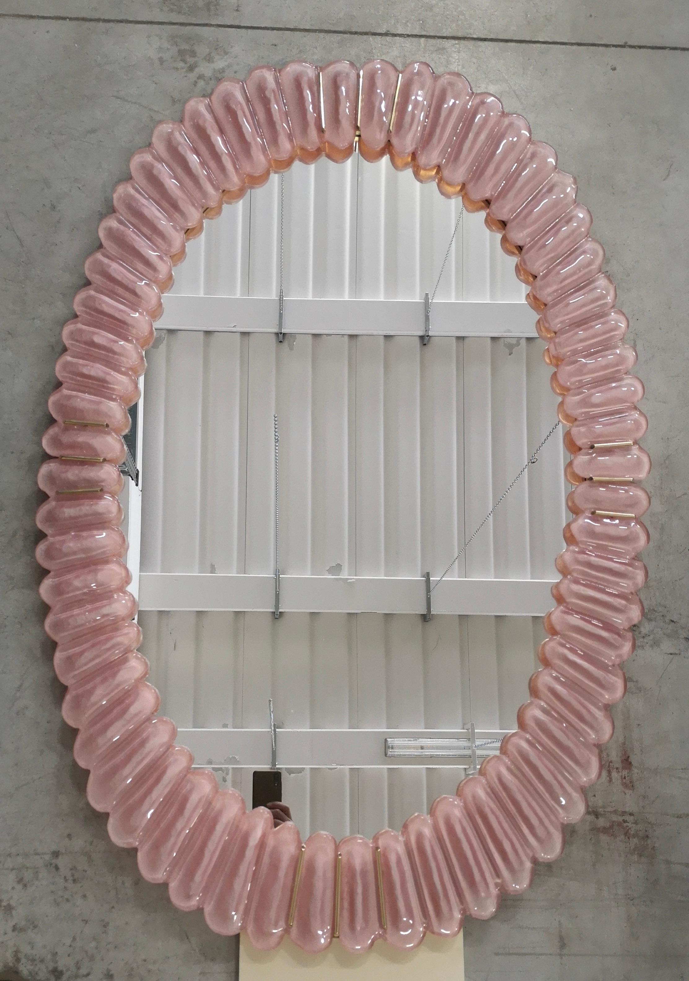 Midcentury Murano Oval Pink Art Glass and Brass Italian Wall Mirror ...