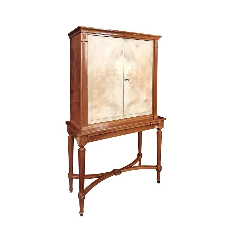 Midcentury Neoclassical Bar Cabinet with Parchment Doors at 1stDibs