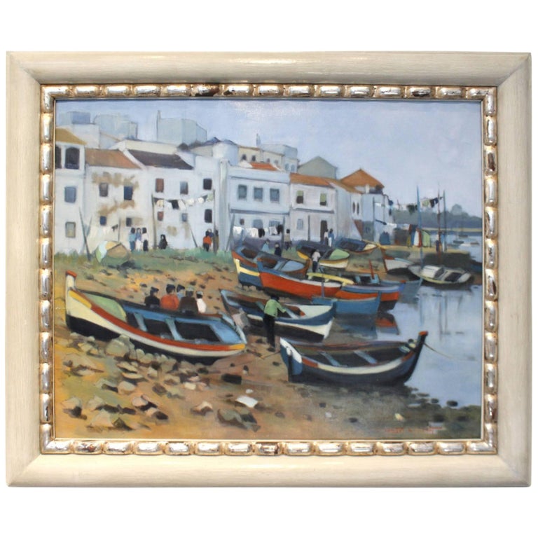 Midcentury Oil Painting of French Port by Artist Tanguy Le Roy For Sale ...