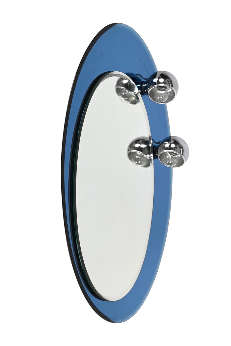 Midcentury Oval Wall Mirror with Blue Glass Frame and Magnetic Lights ...