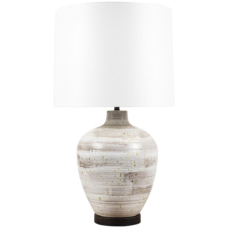 Midcentury Oversized Cream Ceramic Table Lamp with Large White Linen ...
