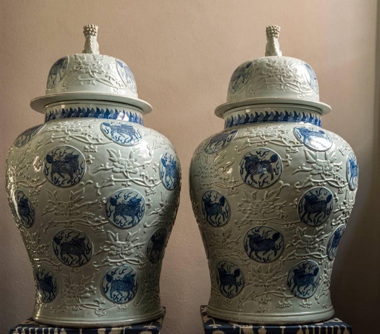 1960 Chinese Export Pair Porcelain Blue and White Giant Jars Vases For ...