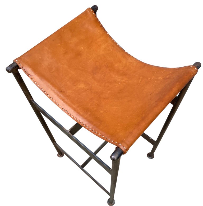 Midcentury Pair of Steel and Leather Sling Stools Style of William ...