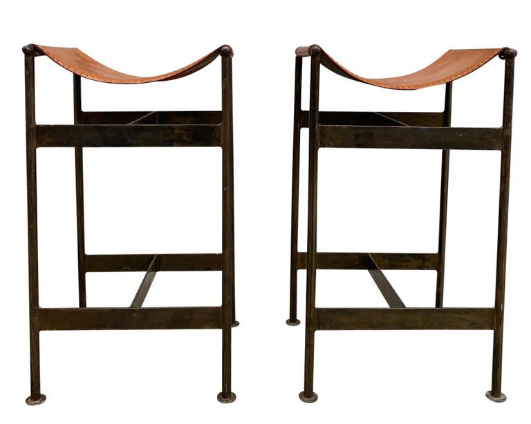 Midcentury Pair of Steel and Leather Sling Stools Style of William ...