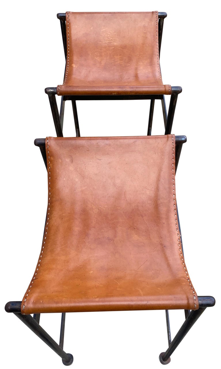 Midcentury Pair of Steel and Leather Sling Stools Style of William ...