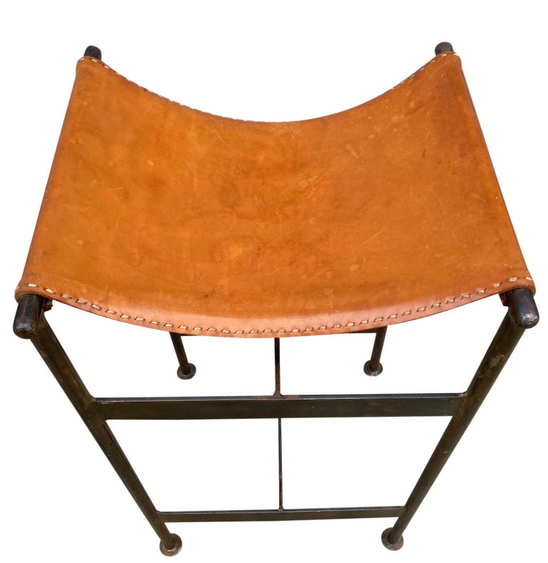 Midcentury Pair of Steel and Leather Sling Stools Style of William ...