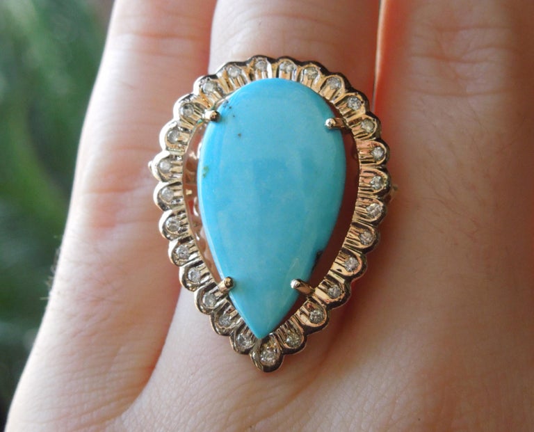Midcentury Pear Turquoise and Diamond Ring For Sale at 1stDibs