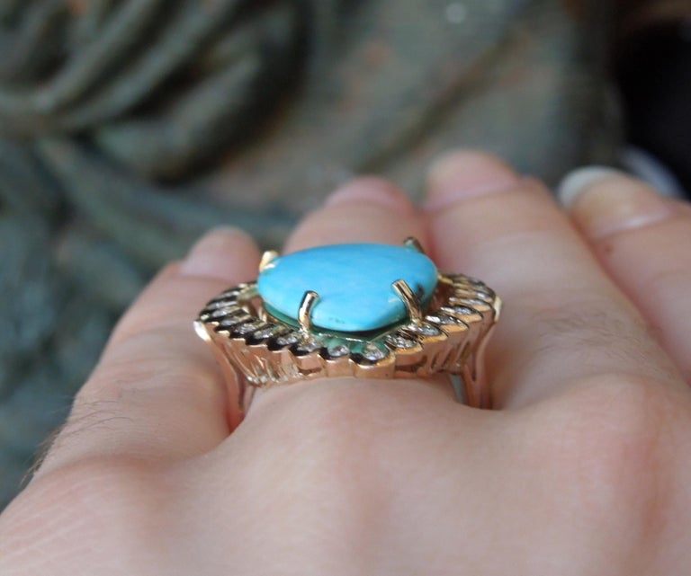Midcentury Pear Turquoise and Diamond Ring For Sale at 1stDibs