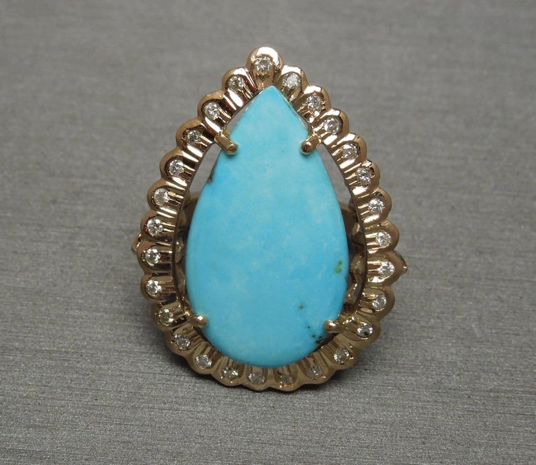 Midcentury Pear Turquoise and Diamond Ring For Sale at 1stDibs