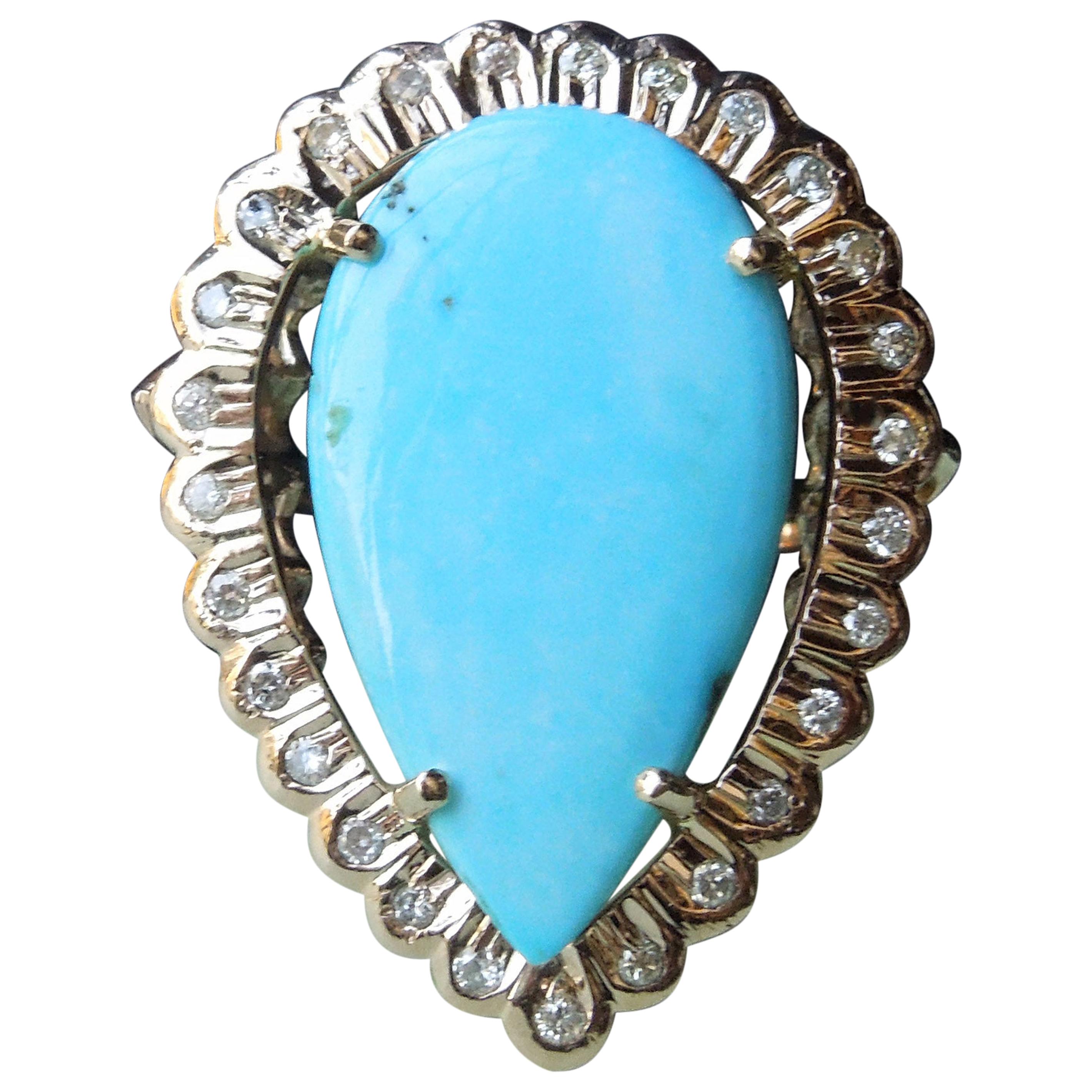 Midcentury Pear Turquoise and Diamond Ring For Sale at 1stDibs