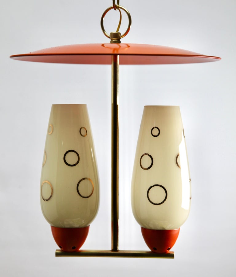 Midcentury Pendant Lobby Light Brass and Opaline Lampshades For Sale at ...
