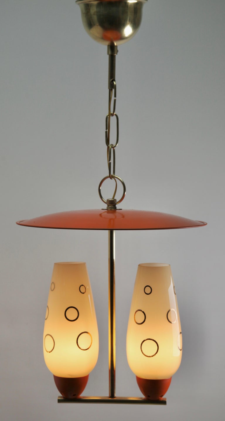 Midcentury Pendant Lobby Light Brass and Opaline Lampshades For Sale at ...