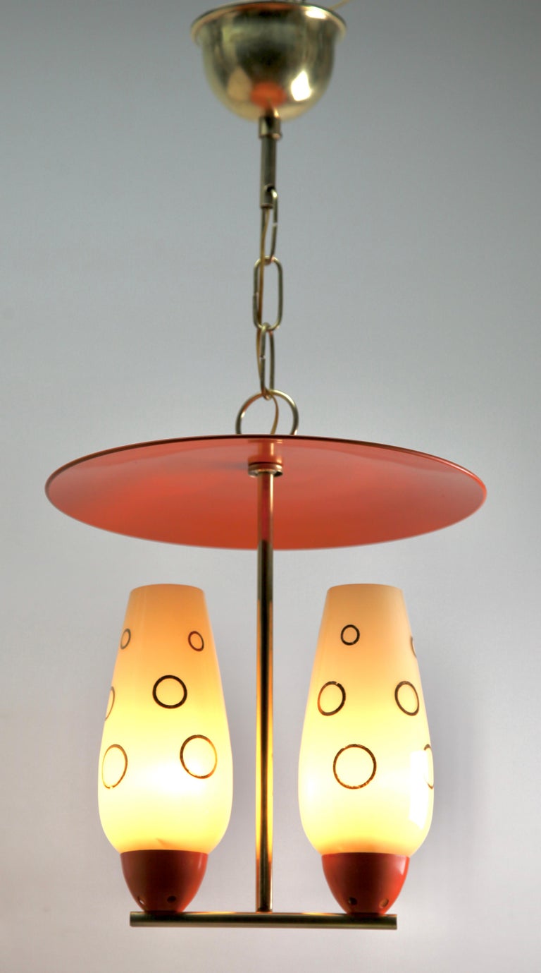 Midcentury Pendant Lobby Light Brass and Opaline Lampshades For Sale at ...