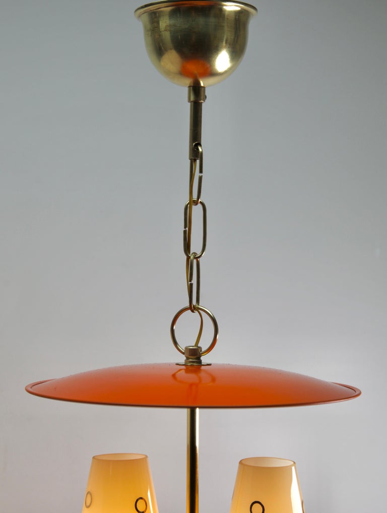 Midcentury Pendant Lobby Light Brass and Opaline Lampshades For Sale at ...