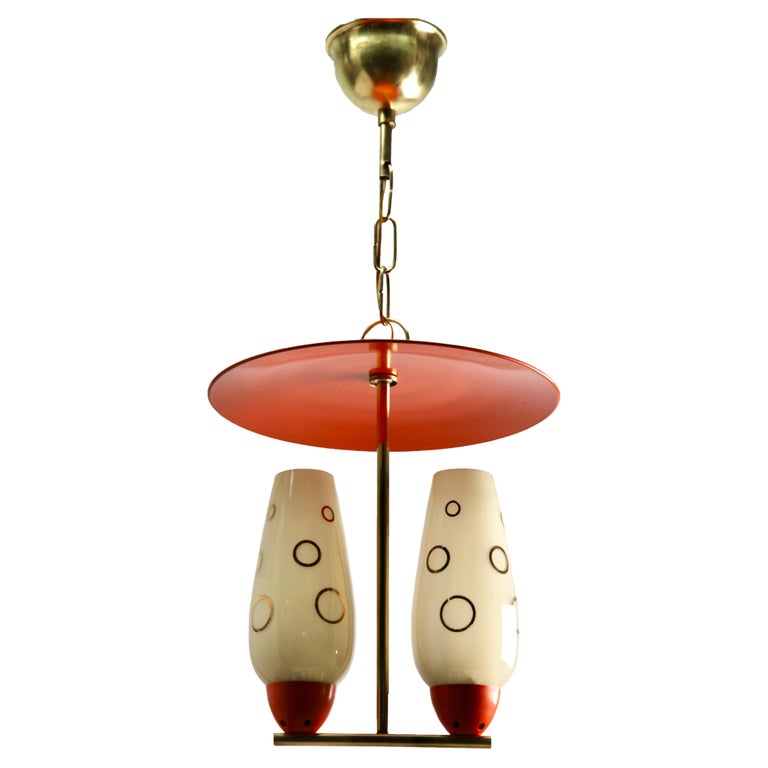 Midcentury Pendant Lobby Light Brass and Opaline Lampshades For Sale at ...