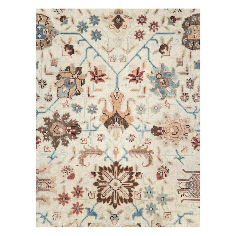 Midcentury Persian Handmade Accent Rug in Ivory, Blue Grey, and Crimson ...