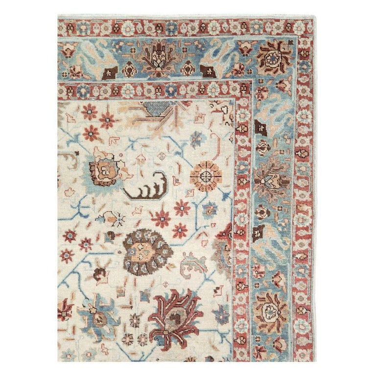 Midcentury Persian Handmade Accent Rug in Ivory, Blue Grey, and Crimson ...